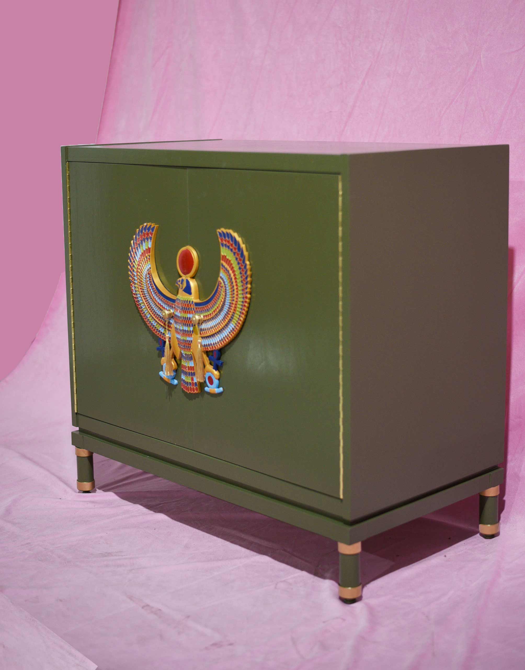 Hand Crafted Two Door Chest in Olive with Egyptian Horus Falcon Detail ...