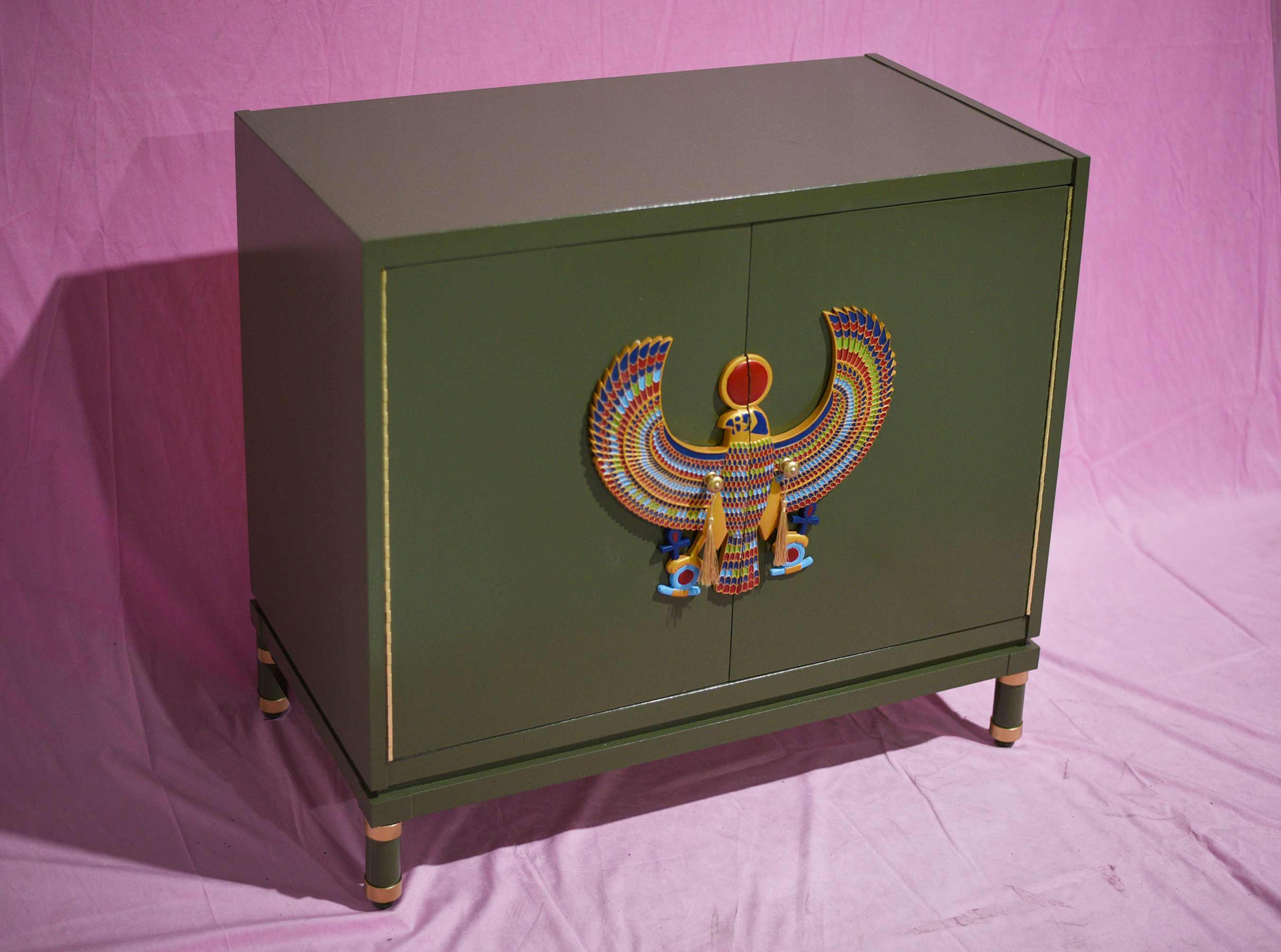 Hand Crafted Two Door Chest in Olive with Egyptian Horus Falcon Detail ...