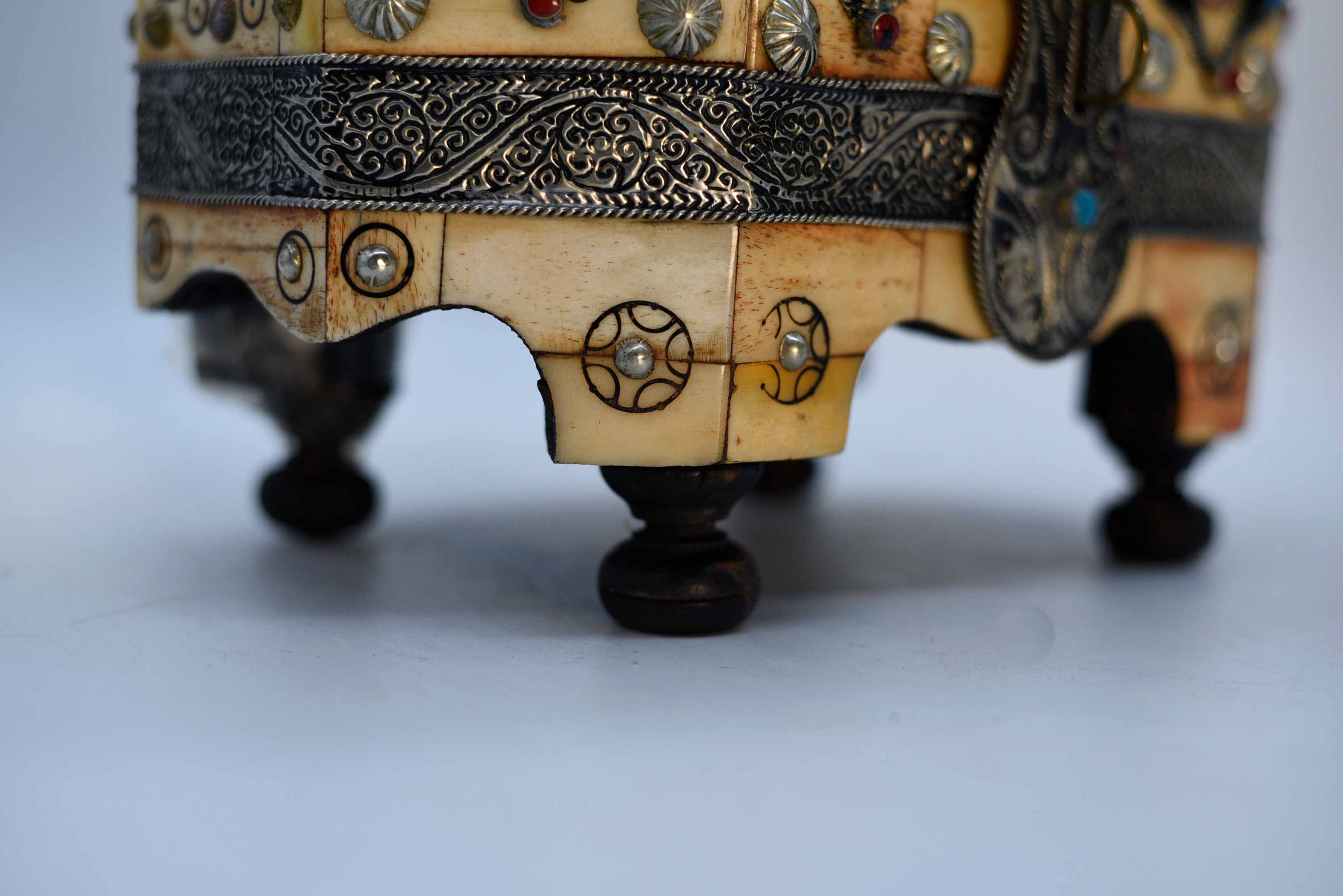 Antique Etched with Henna Bone Trinket Box with Enameled Turquoise ...